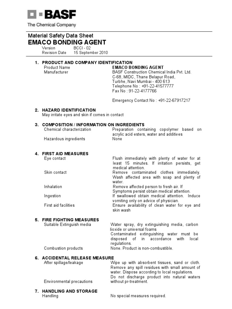 Emaco Bonding Agent: Material Safety Data Sheet | PDF | Water | Chemistry