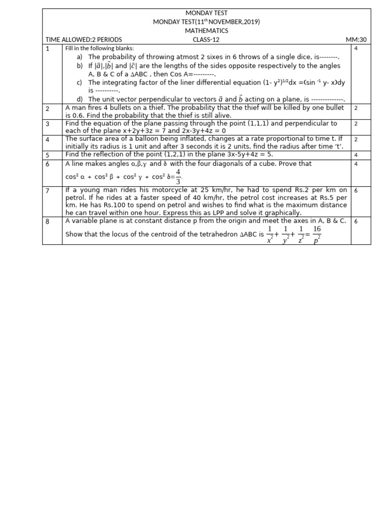 MONDAY TEST - 11TH Nov - 2019 | PDF | Tetrahedron | Mathematics