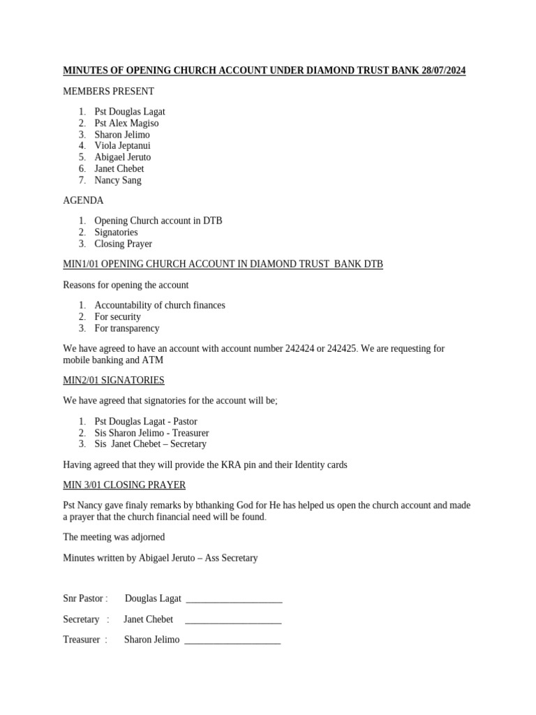 Minutes of Opening Church Account Under Diamond Trust Bank | PDF