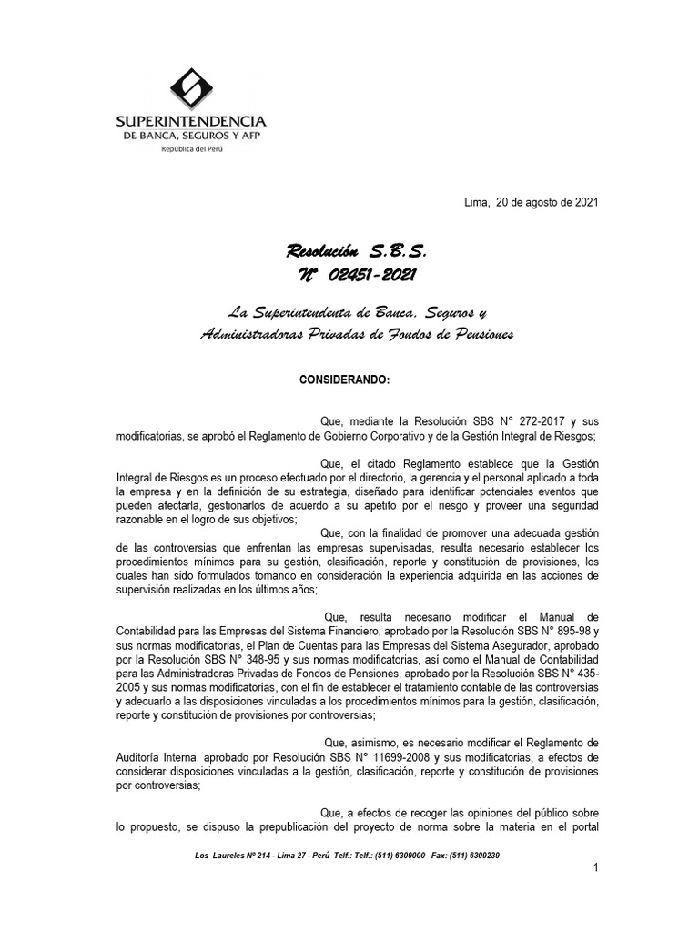 Resolución S.B.S. #02451-2021: La Superintendenta de Banca, Seguros y Administradoras Privadas ...