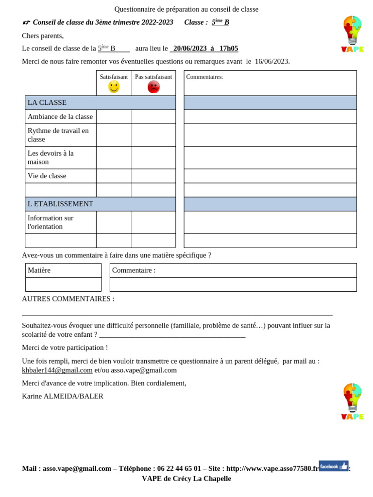 Questionnaire de Préparation Au Conseil de Classe T3 2022 | PDF