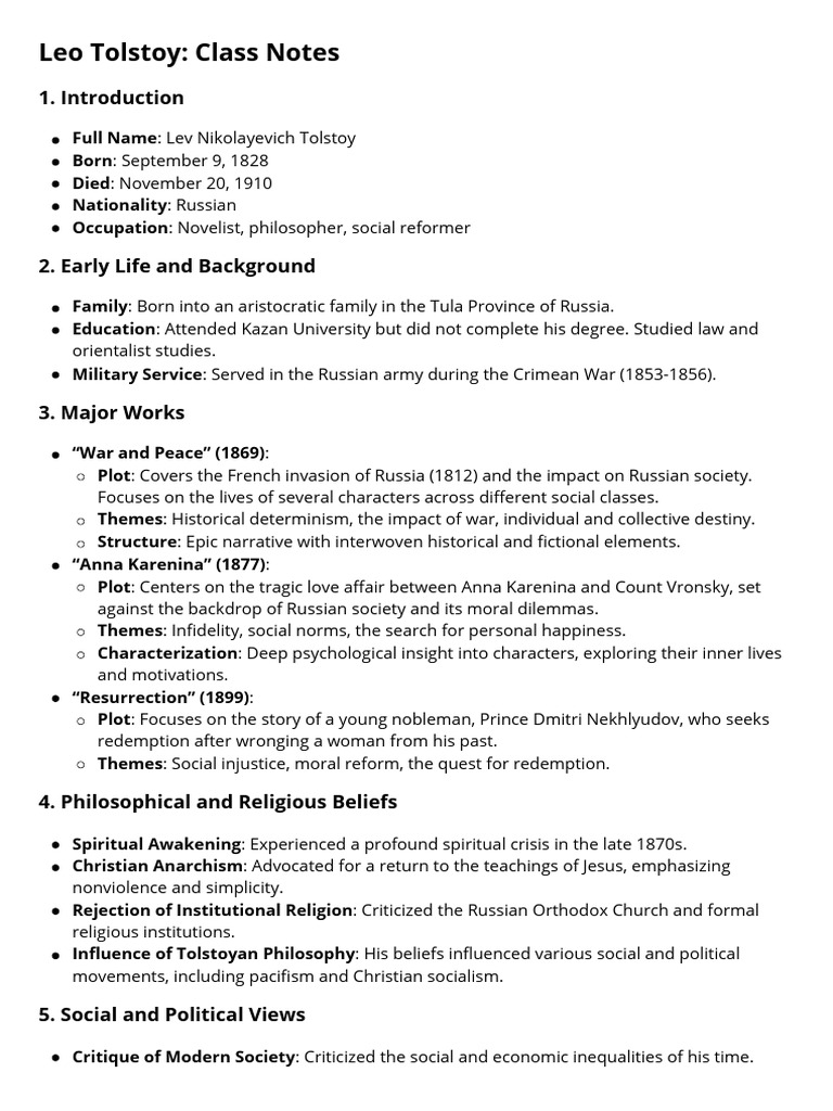 Leo Tolstoy Class Notes | PDF