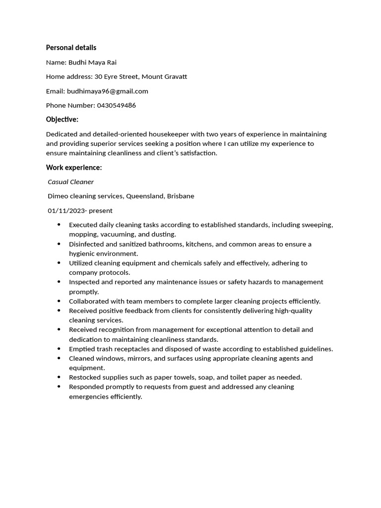 Personal Details: Casual Cleaner | PDF