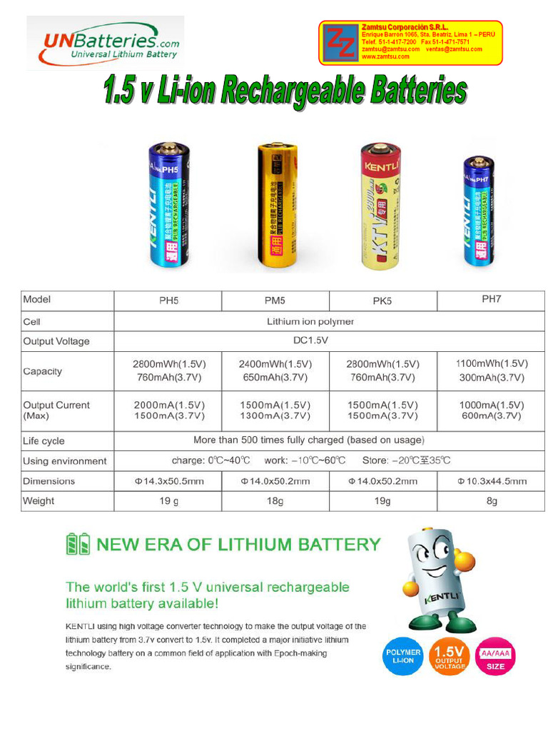 Hoja Técnica Baterías 1.5 V Recargables | PDF