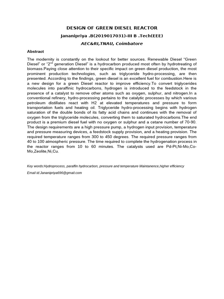 Green Diesel Reactor | PDF