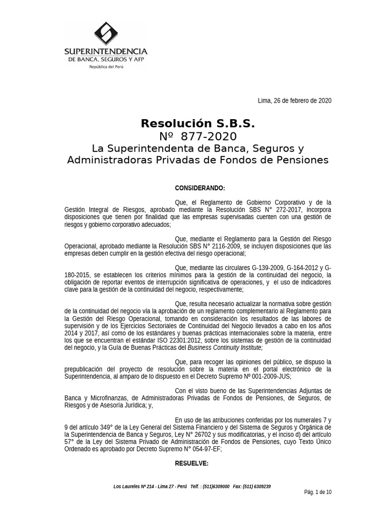 Resolución S.B.S.: La Superintendenta de Banca, Seguros y Administradoras Privadas de Fondos de ...
