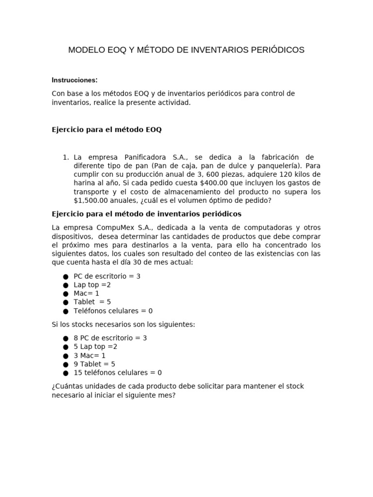 1.ejercicios Sobre El Modelo EOQ y Método de Inventarios Periódicos | PDF