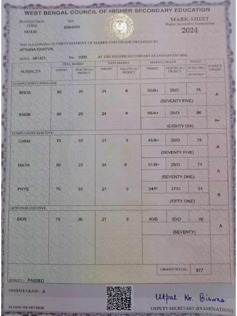 12th Marksheet | PDF