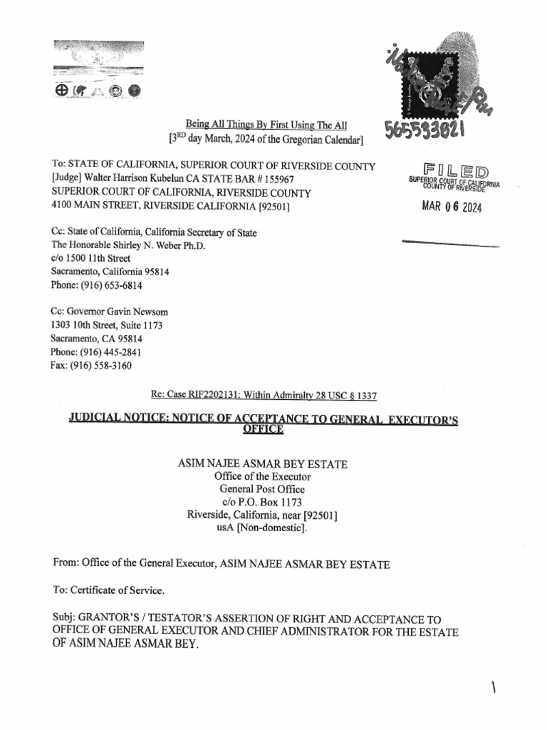JUDICIAL NOTICE: NOTICE OF ACCEPTANCE TO GENERAL EXECUTOR'S OFFICE (Re ...
