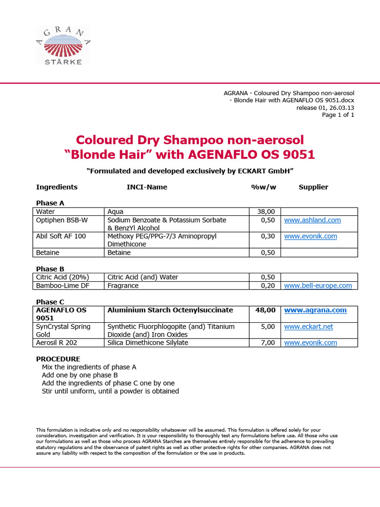 Coloured Dry Shampoo Formula for Blonde Hair | PDF | Shampoo | Chemical ...