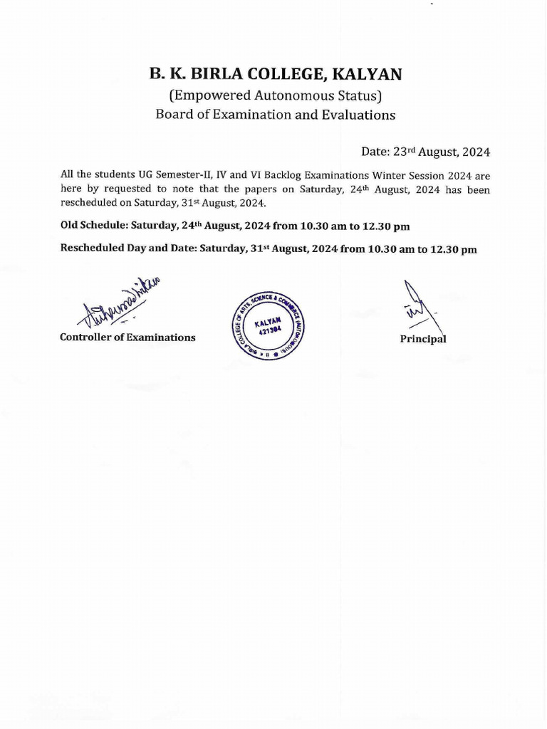 The Papers On 24th August 2024 UG Sem-II, IV and VI Backlog ...