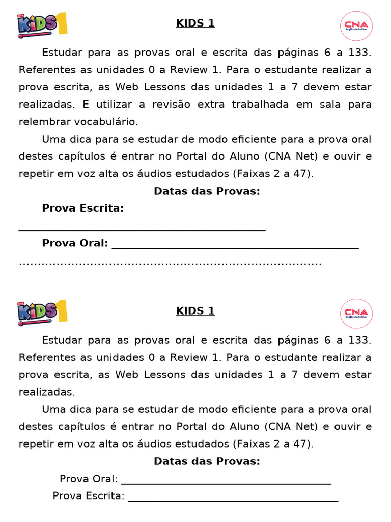 Kids 1 - Provas - Prova Do Kids 1 - Midterm Test | PDF