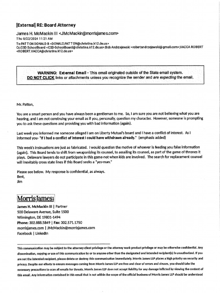 Christina Attorney Emails With Board of Education, 8/21/24-8/22/24 | PDF