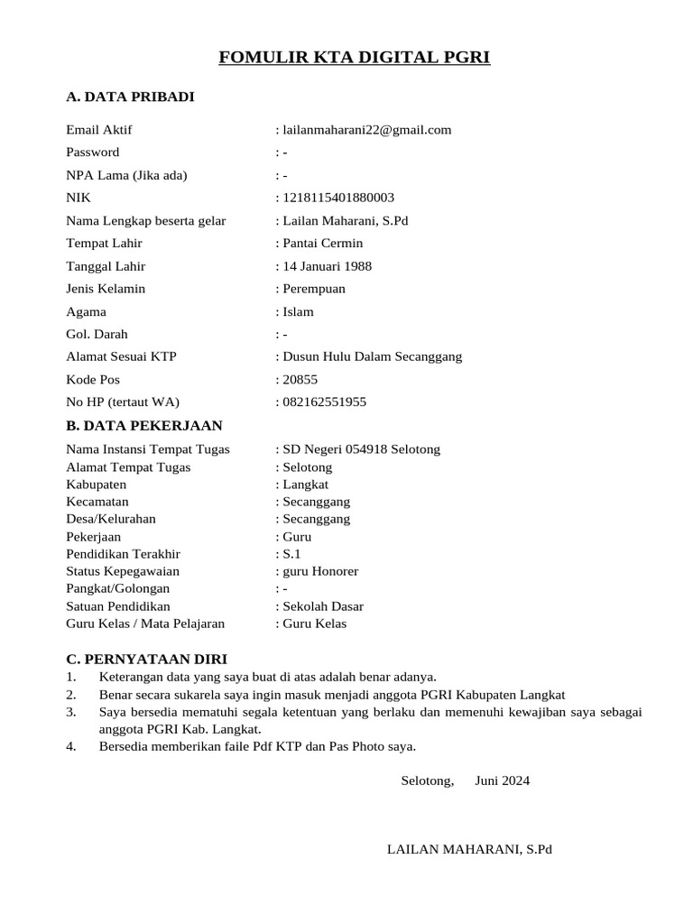 Fomulir Kta Digital Pgri 2024 | PDF
