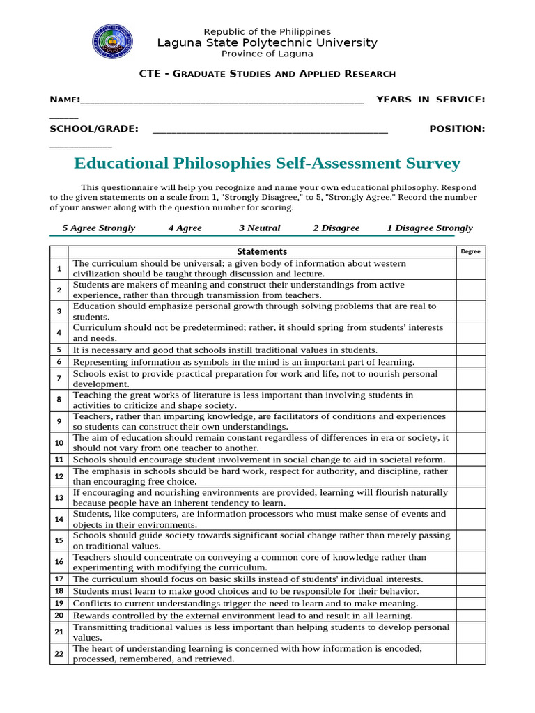 Educational Philosophies Self-Assessment | PDF