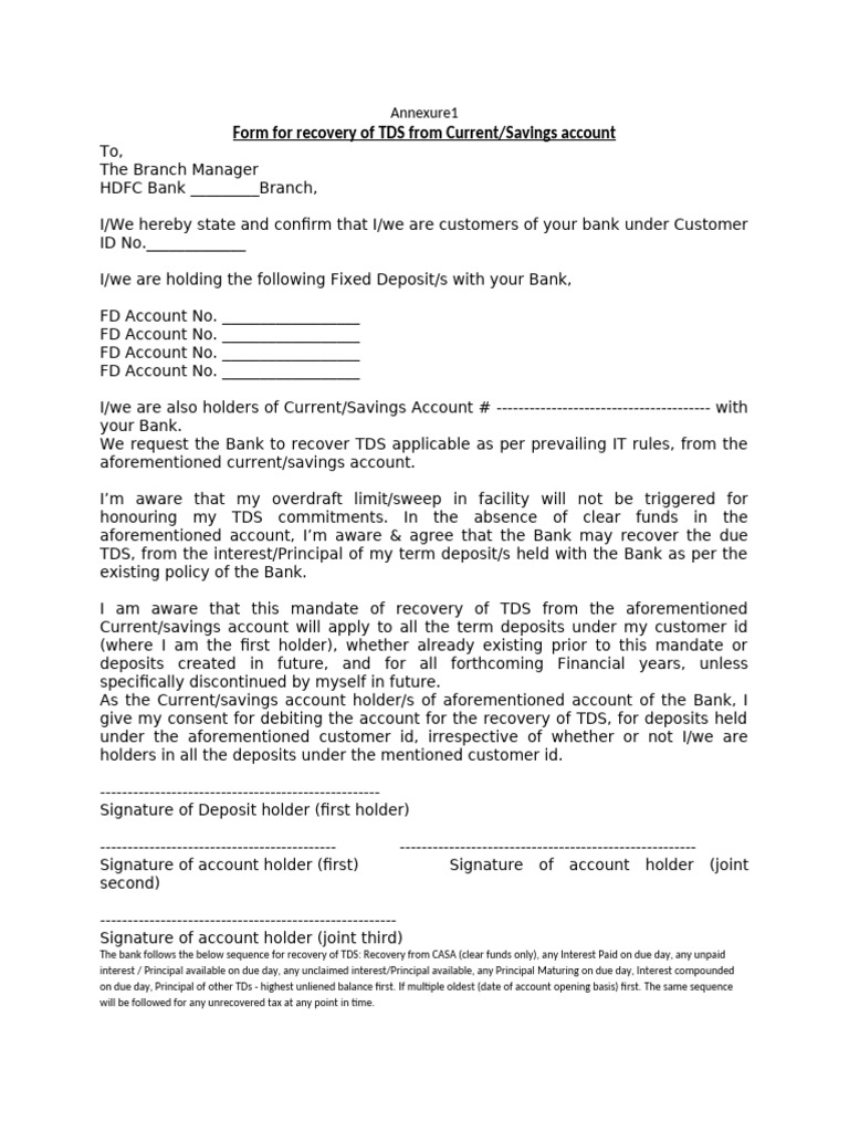 Customer Consent On TDS Recovery From CASA | PDF