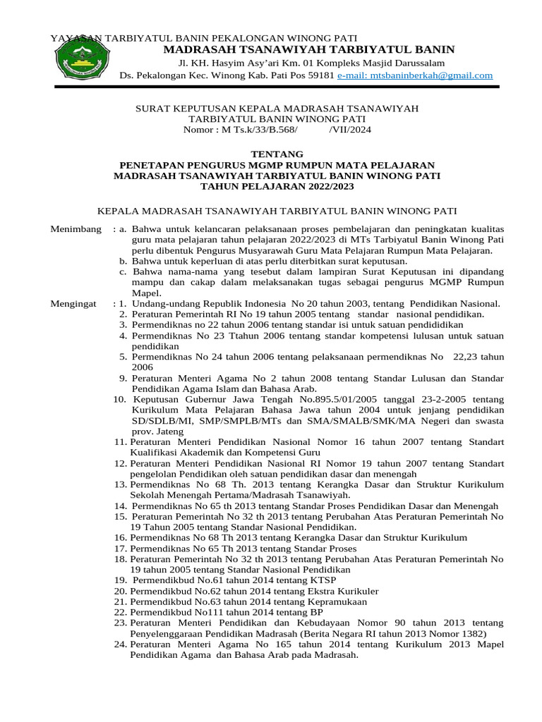 SK Pengurus MGMP Rumpun Mapel TH 2024-2025 | PDF