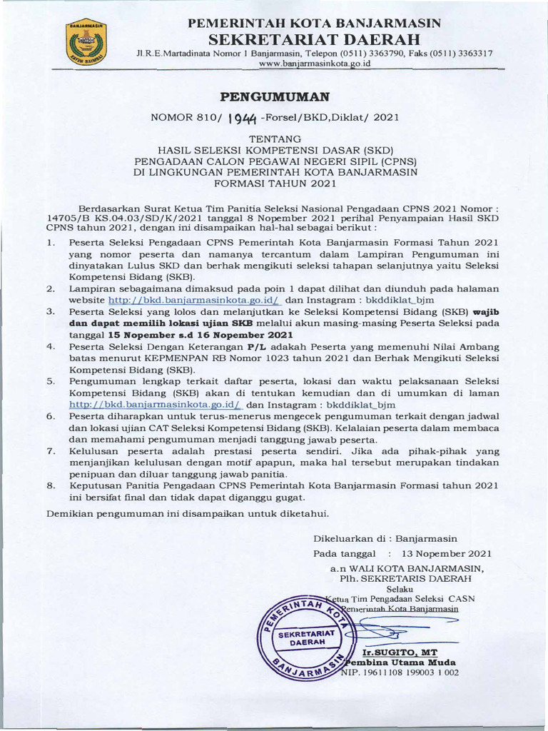 Pengumuman Nilai SKD 2021 - Ok | PDF