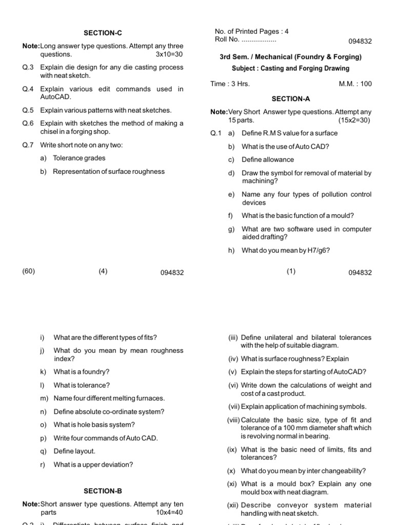 Mech 3 Sem Casting and Forging Drawing 094832 May 2019 | PDF ...