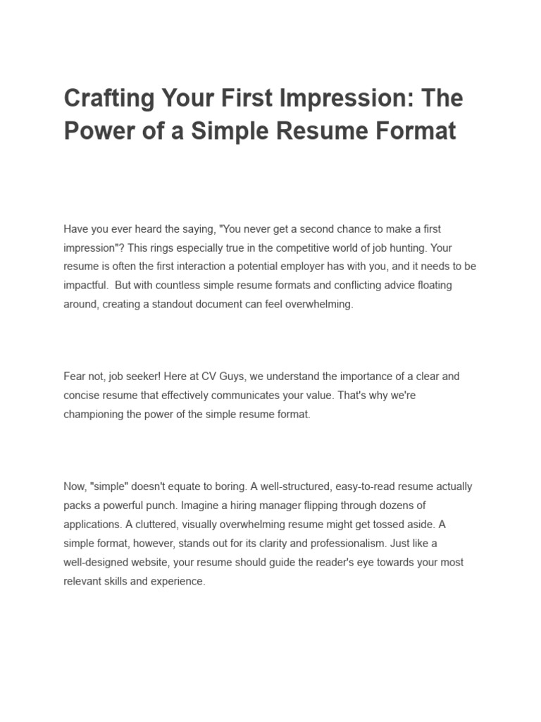 Crafting Your First Impression: The Power of a Simple Resume Format | PDF