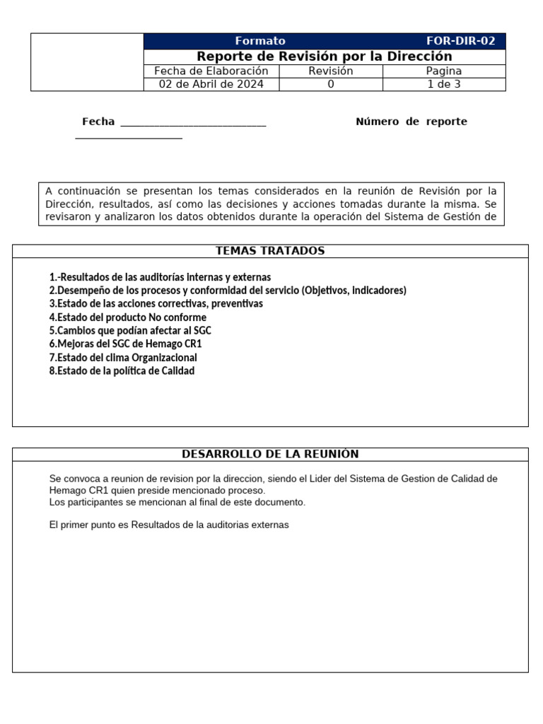 (SGC) FOR-DIR-02 Reporte de Revisión Por La Dirección | PDF