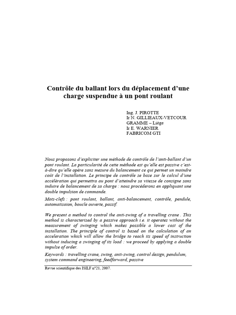 Contrôle Du Ballant Lors Du Déplacement D Une Charge Suspendue À Un ...