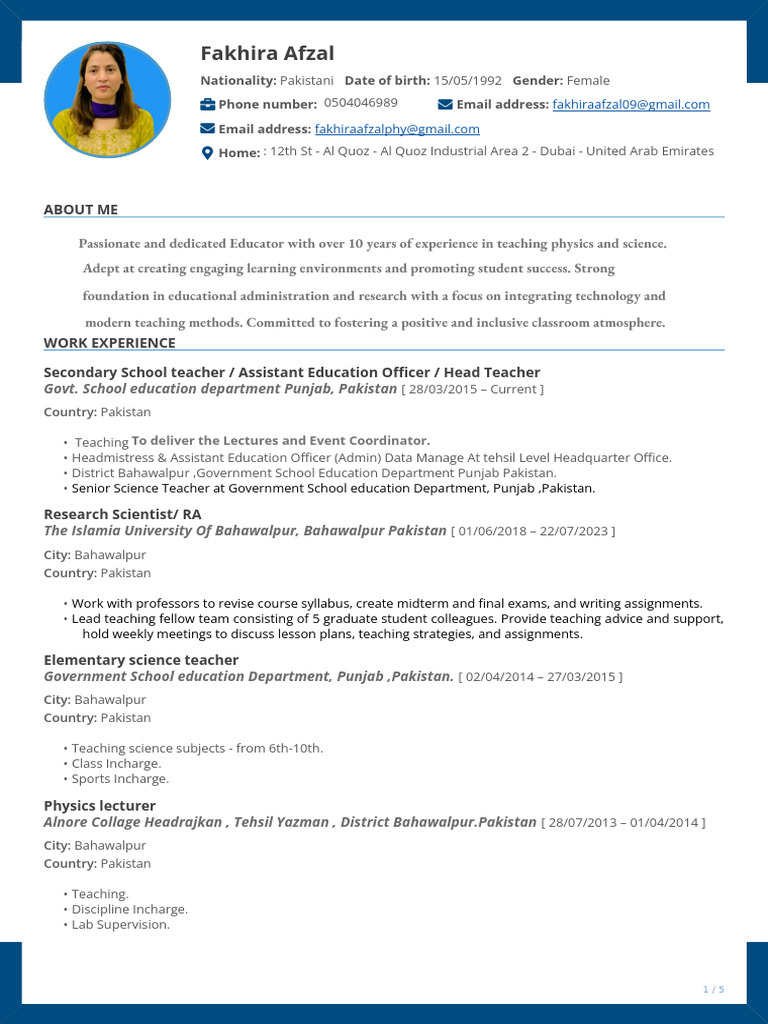 CV - Fakhira Afzal S | PDF