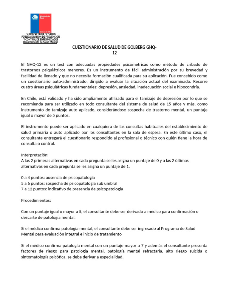Cuestionario GHQ-12 | PDF