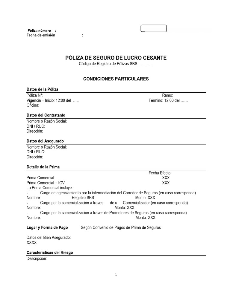 Póliza de Seguro de Lucro Cesante: Condiciones Particulares | PDF