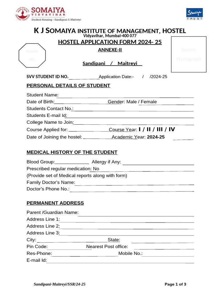 Hostel Application Form 2024-25 | PDF