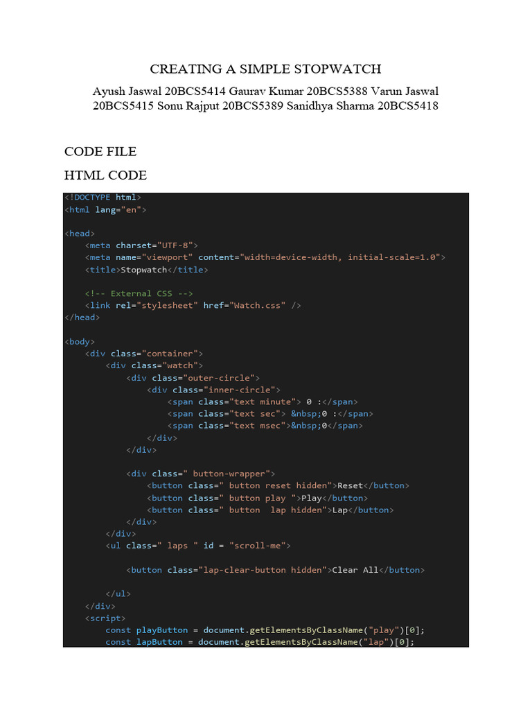 CREATING A SIMPLE STOPWATCH. CODE FILEdocx | PDF