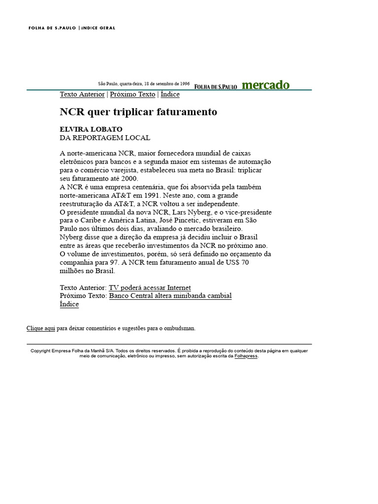 Folha de S.Paulo - NCR Quer Triplicar Faturamento - 18 - 9 - 1996 | PDF