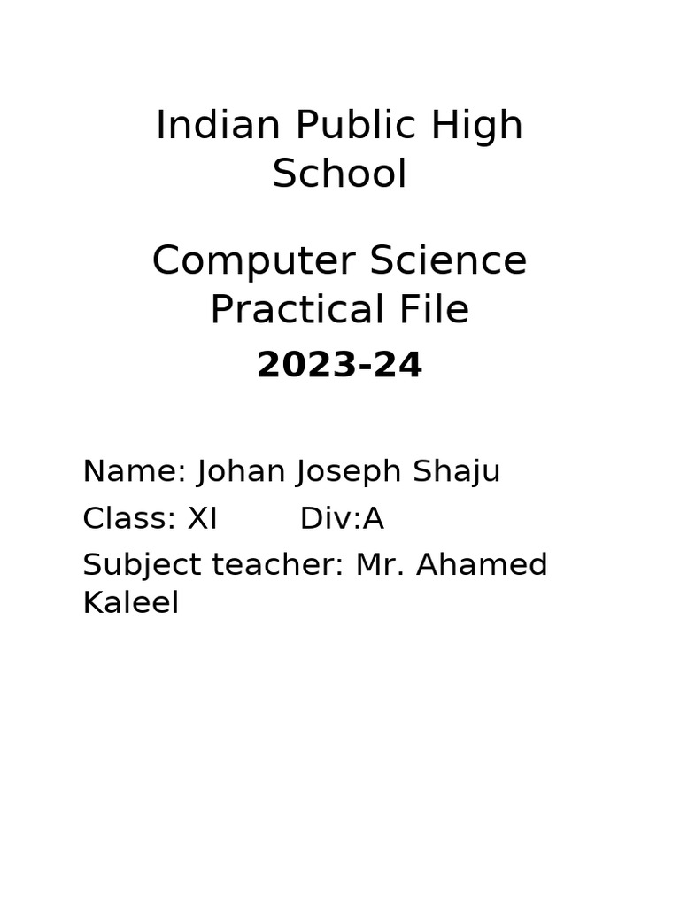 Comp Sci Practical File Cover Page | PDF