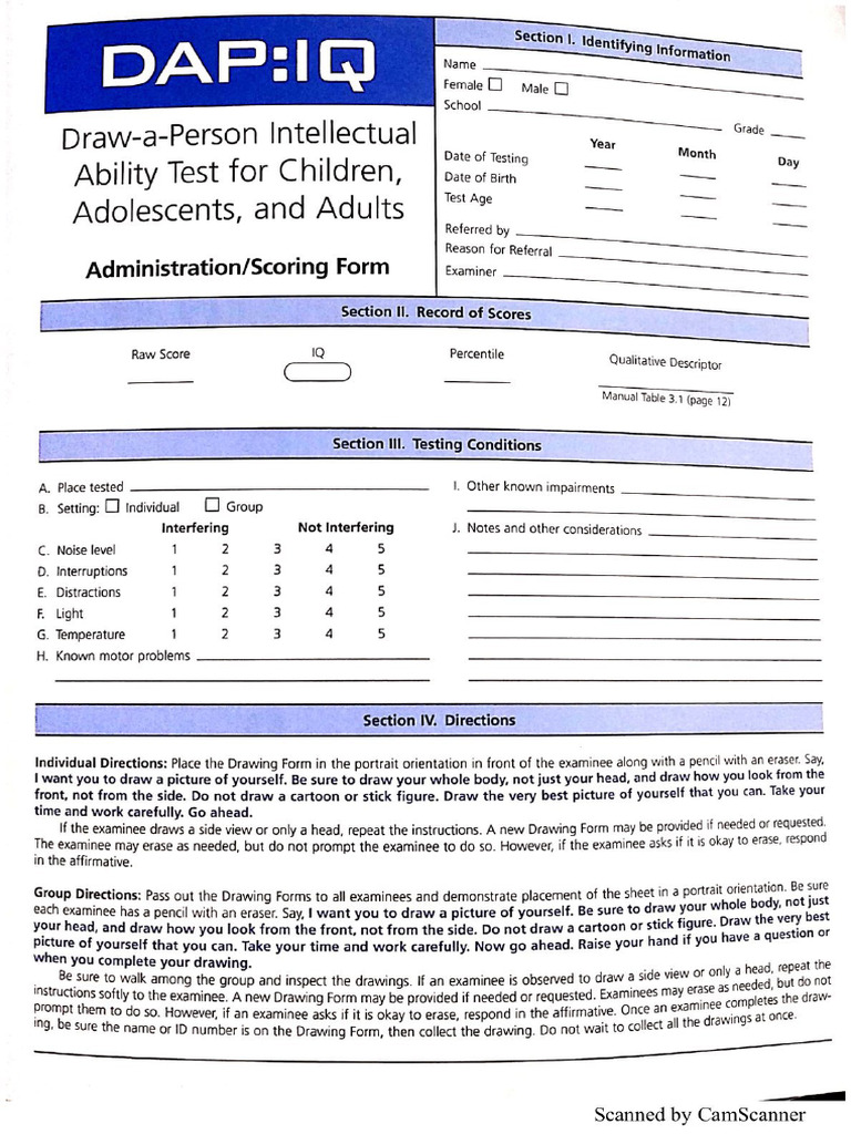 DAP IQ - Administration Scoring Form | PDF