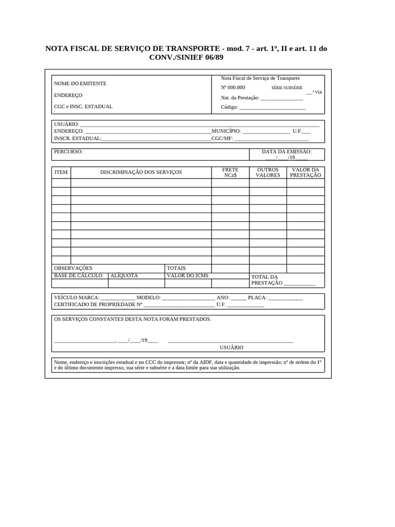 Nota Fiscal de Serviço de Transporte - Modelo 7 | PDF