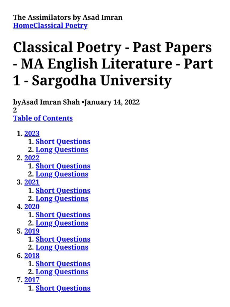 Classical Poetry Past Papers | PDF