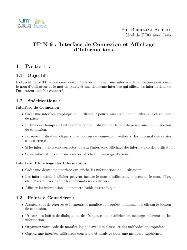 TPN 9: Interface de Connexion Et Affichage D'informations: Pr. Berrajaa Achraf Module POO Avec ...
