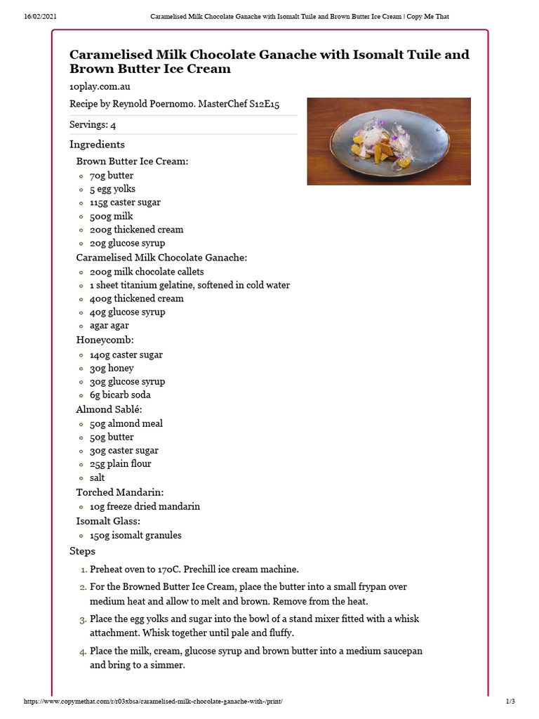 Caramelised Milk Chocolate Ganache With Isomalt Tuile and Brown Butter ...