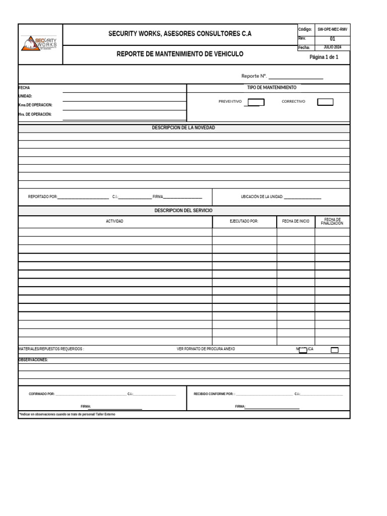 SW-OPE-MEC-RMV Reporte de Mantenimiento de Vehículo | PDF