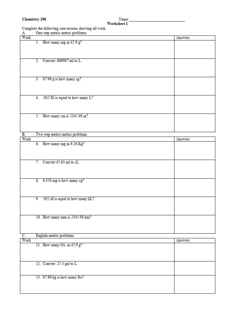 Chemistry 100 Worksheet 1 | PDF