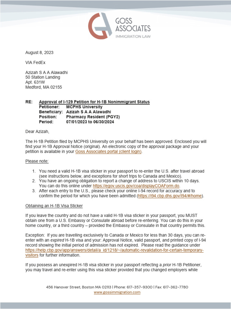 Approval Package FN H1B Approval Alawadhi, A 23 | PDF