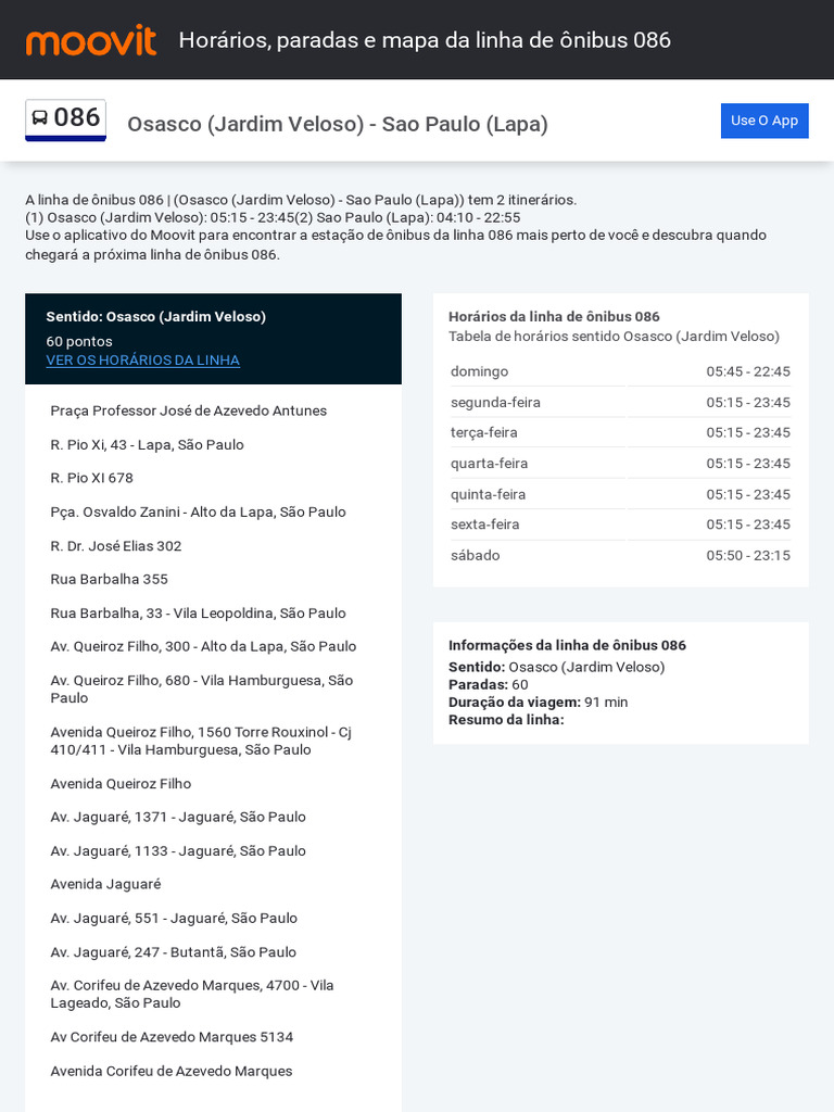 Osasco (Jardim Veloso) - Sao Paulo (Lapa) : Horários, Paradas e Mapa Da Linha de Ônibus 086 | PDF