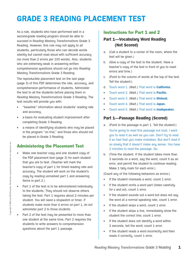 Grade 3 Reading Placement Test Guide | PDF | Reading Comprehension ...