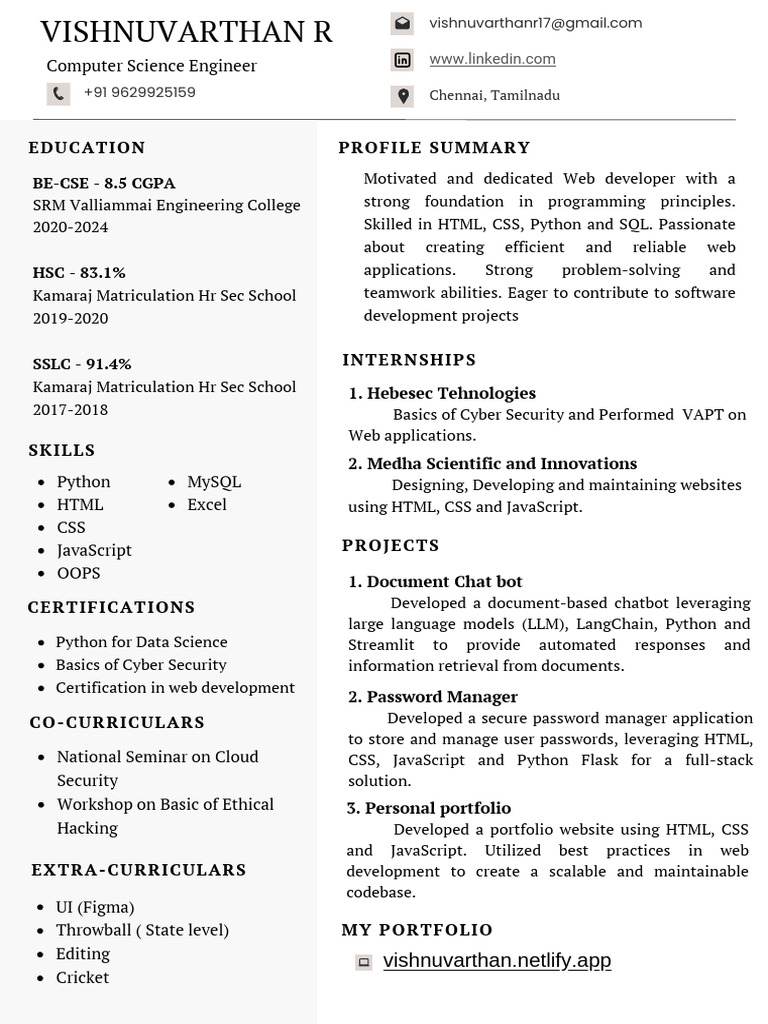 Vishnuvarthan R Resume | PDF