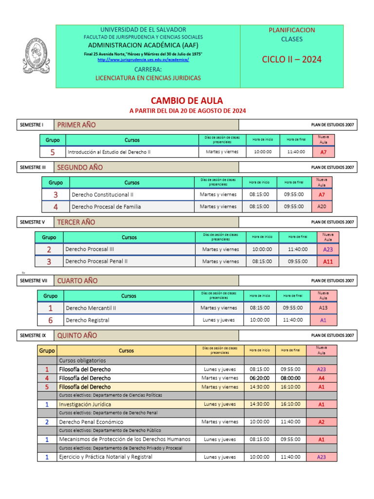 Cambio de Aula CCJJ Ciclo II 2024 Horario de Clases CA 1 | PDF