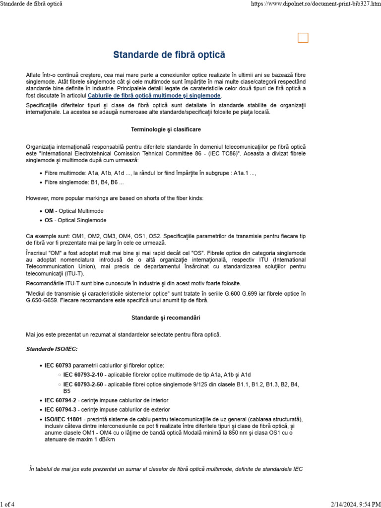 Standarde de Fibră Optică | PDF