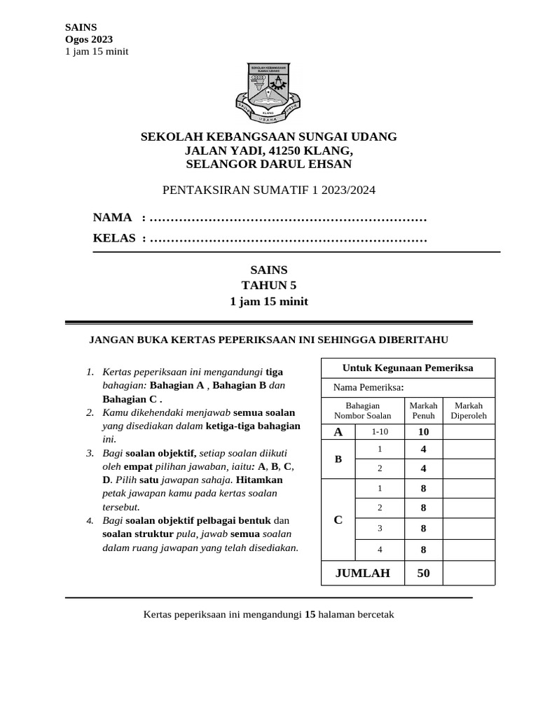 UPSA Sains Tahun 5 2023 | PDF