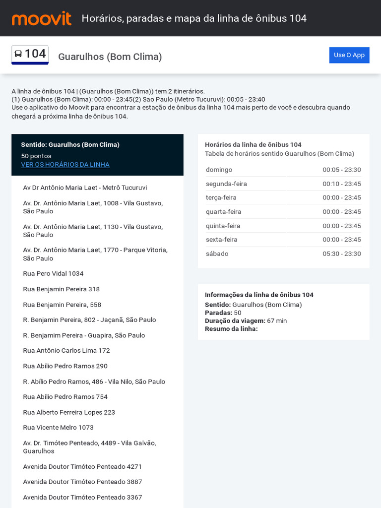 Guarulhos (Bom Clima) : Horários, Paradas e Mapa Da Linha de Ônibus 104 | PDF
