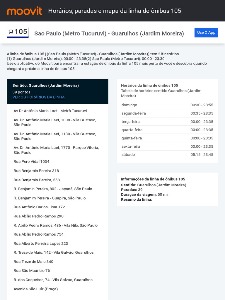 Sao Paulo (Metro Tucuruvi) - Guarulhos (Jardim Moreira) : Horários, Paradas e Mapa Da Linha de ...