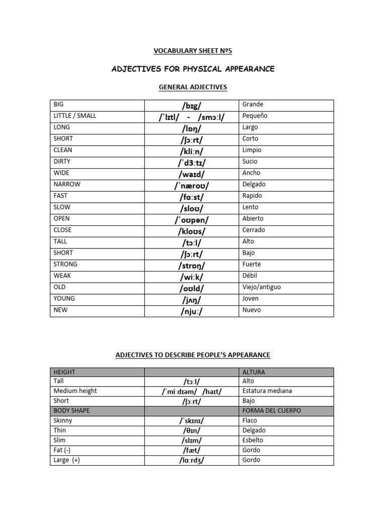 Vocabulary Sheet #5 - ADJECTIVES FOR PHYSICAL APPEARANCE | PDF